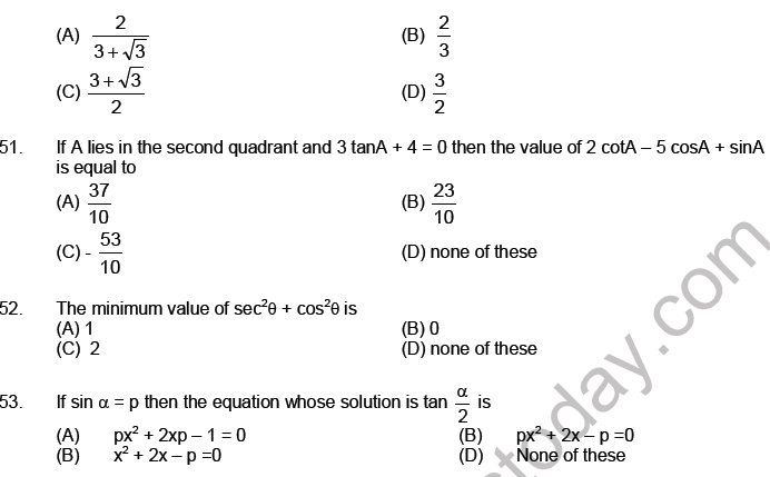 JEE Mathematics Trigonometric Functions MCQs Set A with Answers